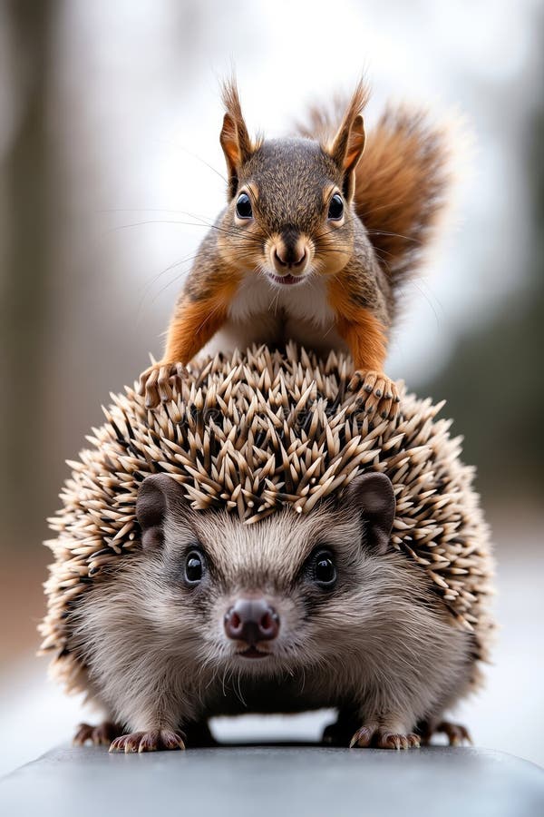 A Squirrel Sitting on Top of a Hedgehog on Top Stock Image - Image of ...