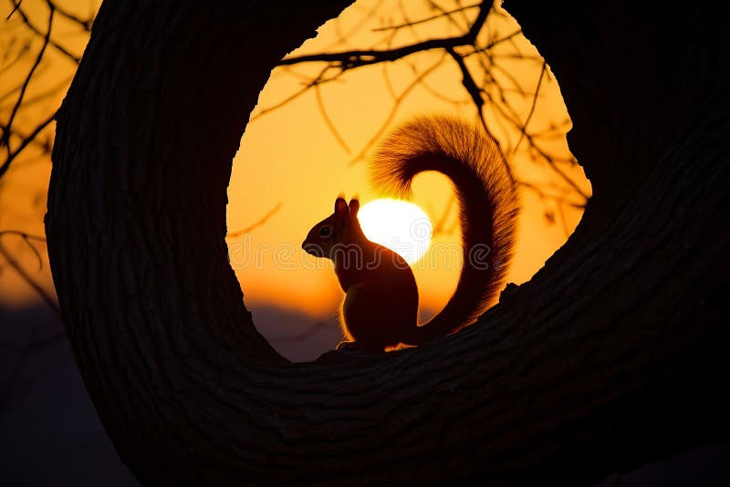 Squirrel Sitting on Top of a Tree at Sunset. Amazing Wildlife Stock ...
