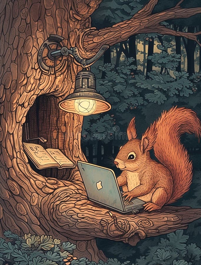 Squirrel Sitting on a Tree with a Laptop Stock Illustration ...