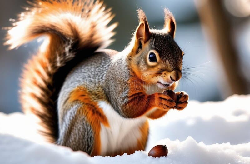 Squirrel in the Snow and a Nut in His Hands Stock Image - Image of ...
