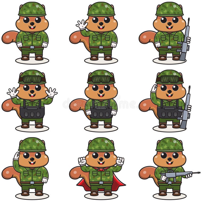 Cartoon Funny Squirrel Soldier Set Stock Vector - Illustration of comic ...