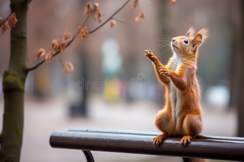 Squirrel Standing on a Bench, Reaching for a Tree Branch Stock Photo ...