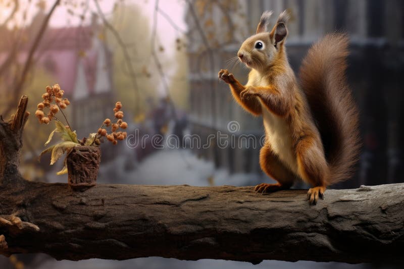 Squirrel Standing on a Bench, Reaching for a Tree Branch Stock Photo ...