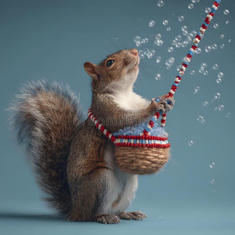 Whimsical Squirrel Gazing Up at Bubbles Holding Decorated Woven Basket ...
