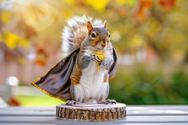 Squirrel Standing on Mini Podium, Wearing a Gold Medal and Cape Stock ...