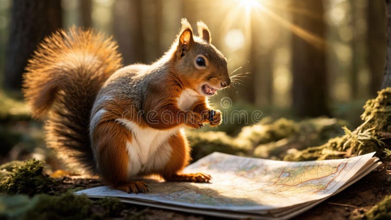 Adorable Red Squirrel Studying a Map in Sunlight Stock Illustration ...