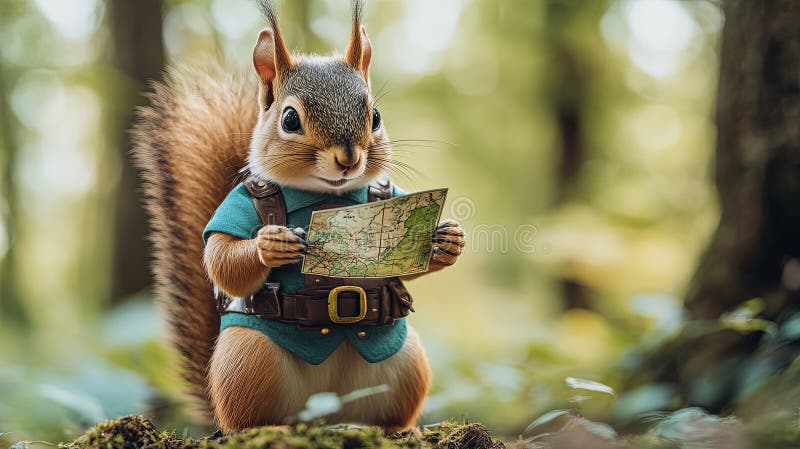 A Squirrel Styled As a Park Ranger with a Small Map and a Compass Stock ...