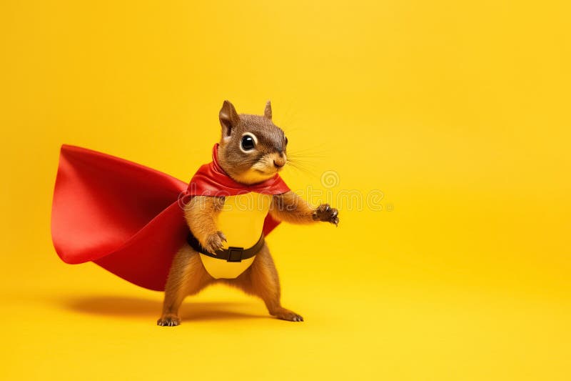 Squirrel in Superhero Cape Over Yellow Background. Stock Illustration ...