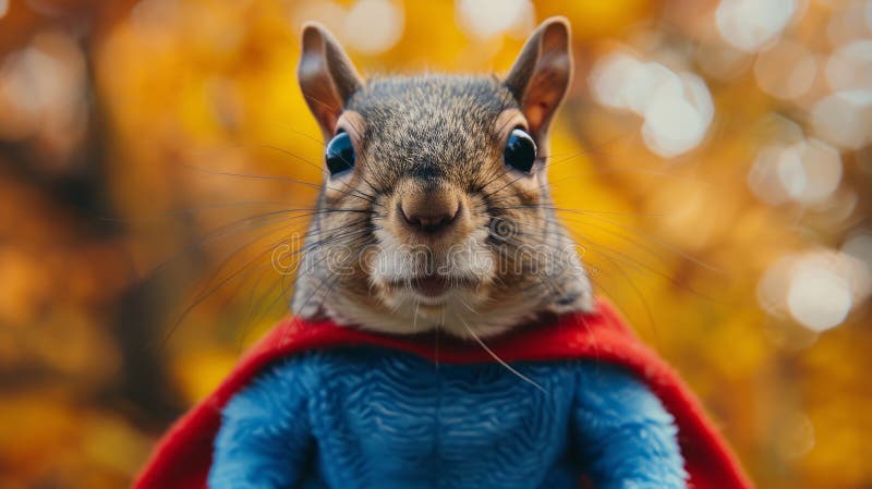 A Squirrel in Superhero Costume with a Red Cape in Autumn Forest. Stock ...