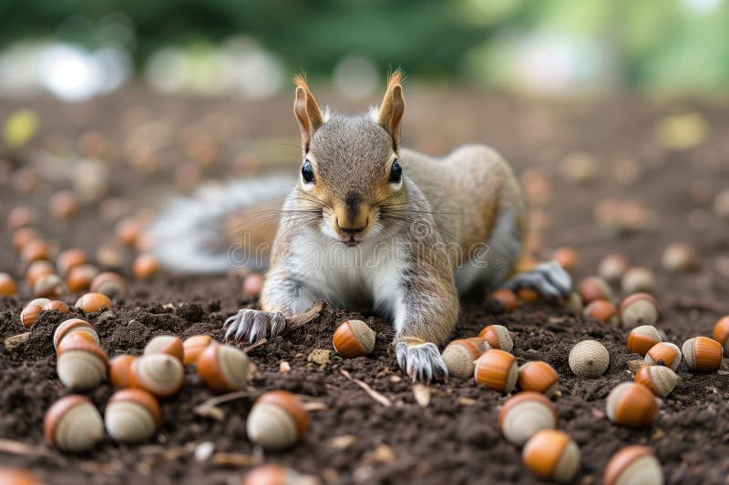 Squirrel Surrounded by Scattered Acorns on Soil Stock Photo - Image of ...