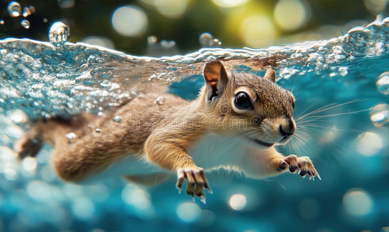 Squirrel Swimming Underwater with Bubbles and Shimmering Light Effects ...