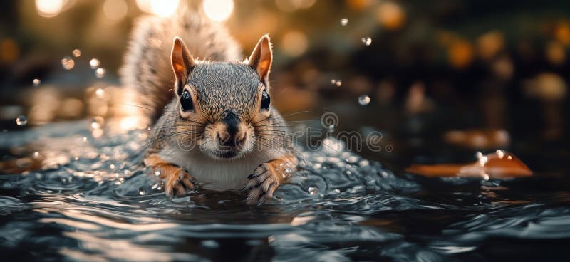 Squirrel Swimming in Water with Droplets and Autumn Leaves in ...