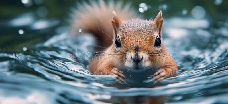 Squirrel Swimming in Water with Droplets Creating Ripples Around it ...