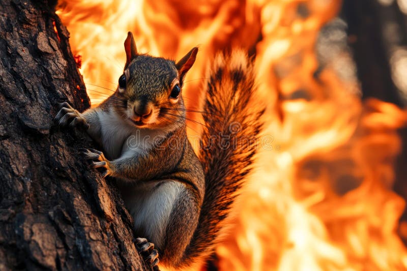 Squirrel on a Tree Against the Backdrop of a Strong Forest Fire ...