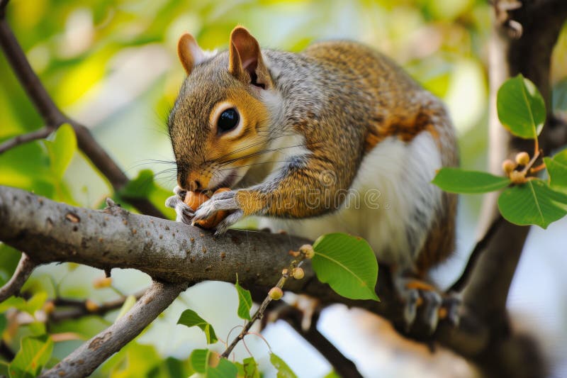 A Squirrel on Tree Branch Gnawing on Pecan Stock Photo - Image of ...