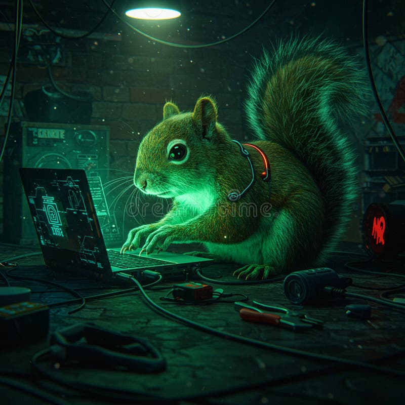 A Squirrel is Using a Laptop in a Dimly Lit, High-tech Setting. Wearing ...