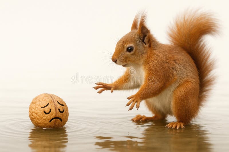A Squirrel in the Water is Trying To Save a Sad Nut. Stock Photo ...