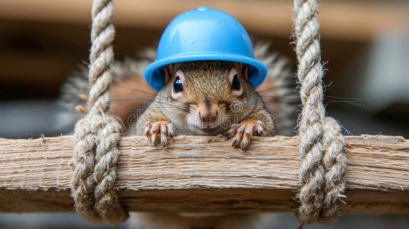 A Squirrel Wearing a Blue Hard Hat on Top of Wooden Structure, AI Stock ...