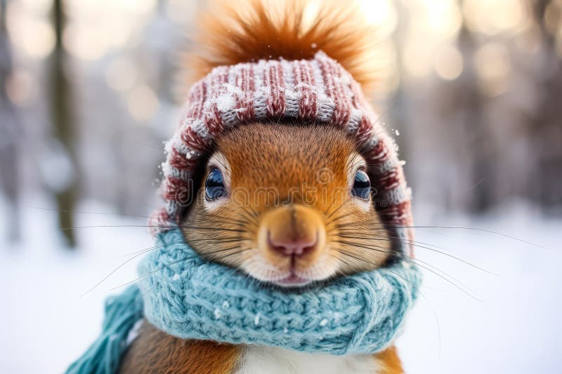 Squirrel Wearing a Blue Scarf and a Red Hat Stock Photo - Image of ...