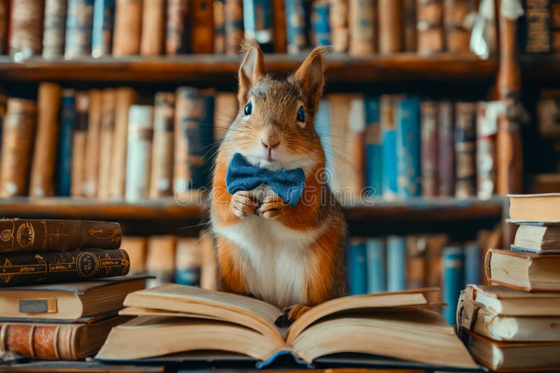 A Squirrel Wearing a Bow Tie Sitting on Top of a Pile of Books ...