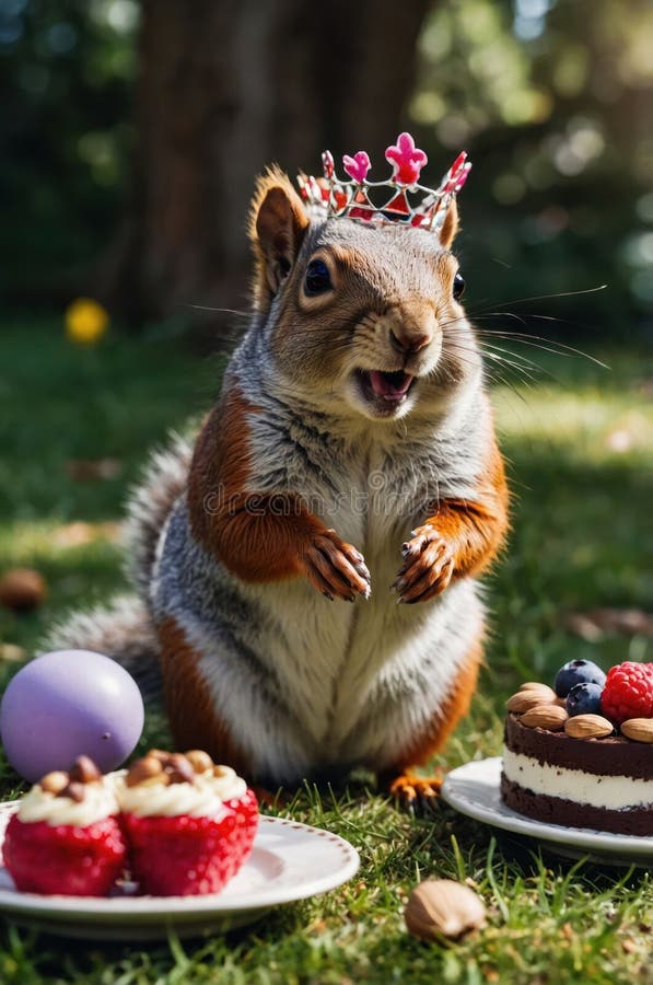 Adorable Squirrel Princess with Crown Enjoying Sweets Outdoors Stock ...
