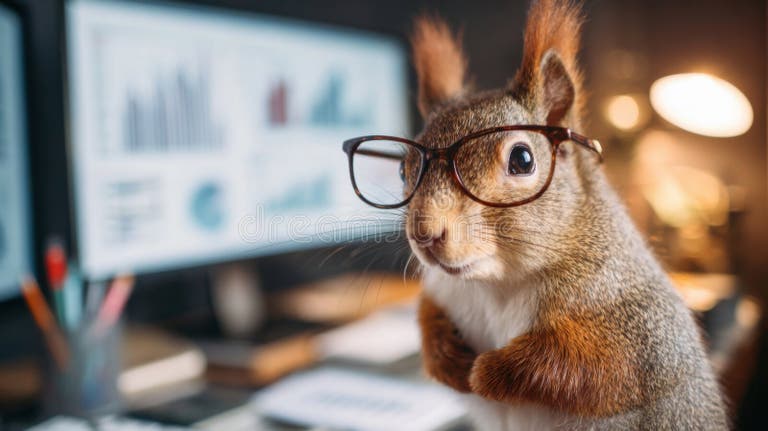 Squirrel Wears Glasses while Sitting in Front of a Computer with Graphs ...