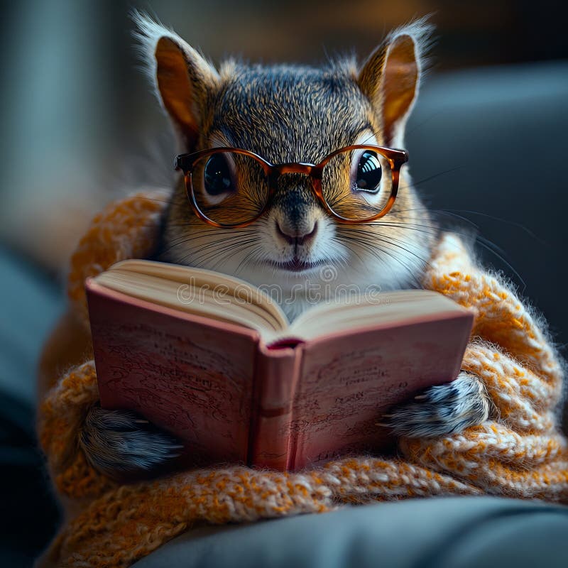 A Squirrel Wearing Glasses Reading a Book on a Couch Stock Image ...