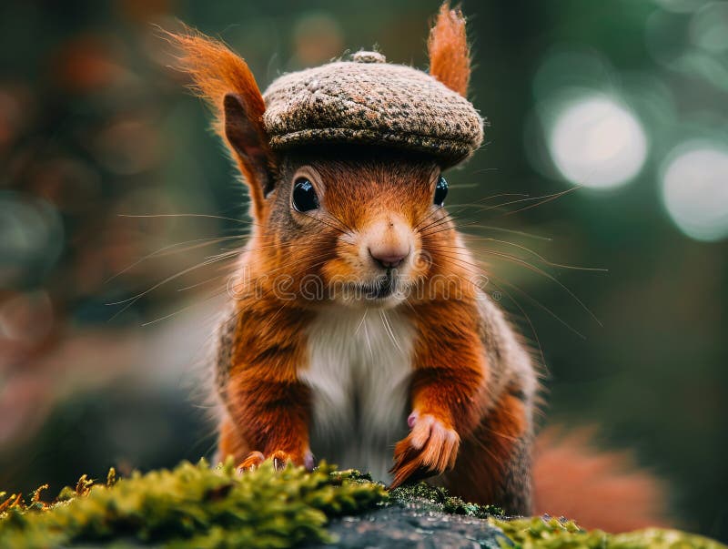 A Squirrel Wearing a Hat on Top of Moss Stock Image - Image of acorn ...