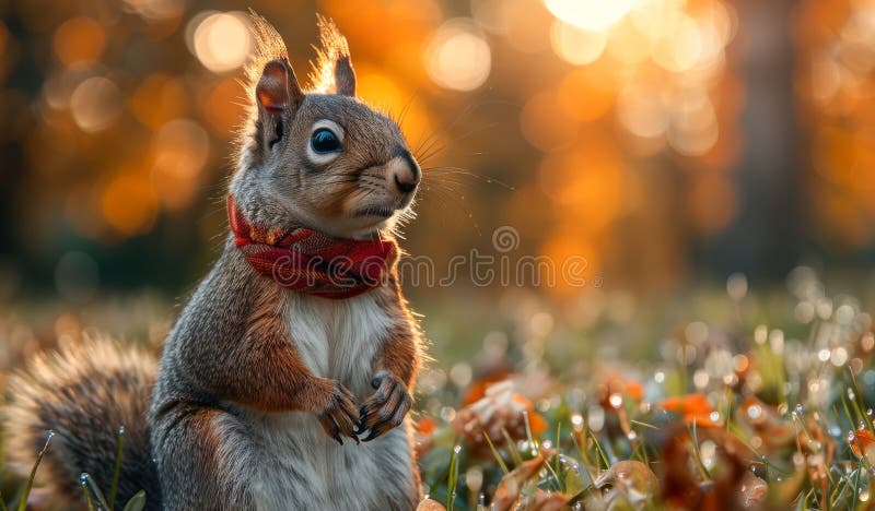 A Squirrel Wearing a Red Scarf is Sitting on the Grass. the Image Has a ...