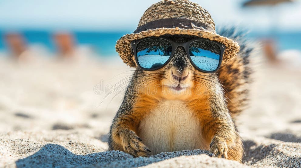 A Squirrel Wearing Sunglasses and a Hat on the Beach, AI Stock Image ...