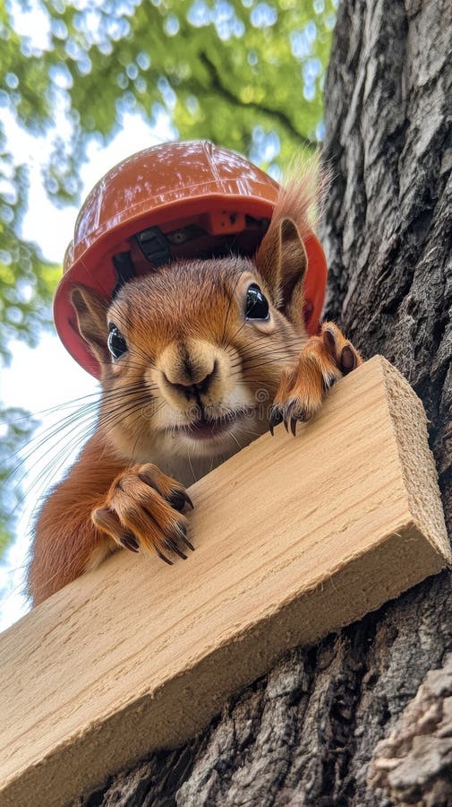 Squirrel Wearing a Tiny Construction Helmet Peeks Over a Wooden Plank ...