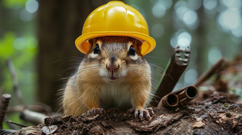 A Squirrel Wearing a Yellow Hard Hat on Top of Some Logs, AI Stock ...