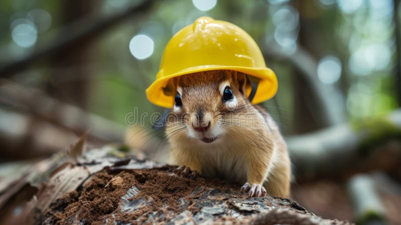 A Squirrel Wearing a Yellow Hard Hat on Top of Some Logs, AI Stock ...