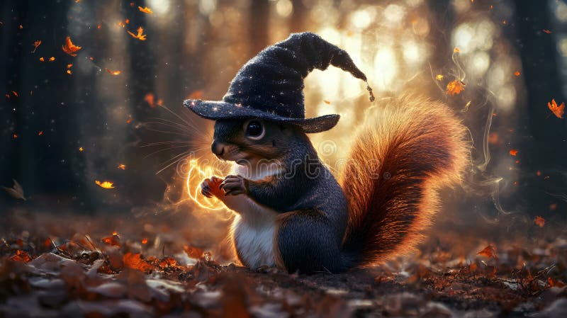 Squirrel in a Wizard Hat Casting Spells in a Haunted, Halloween Animal ...