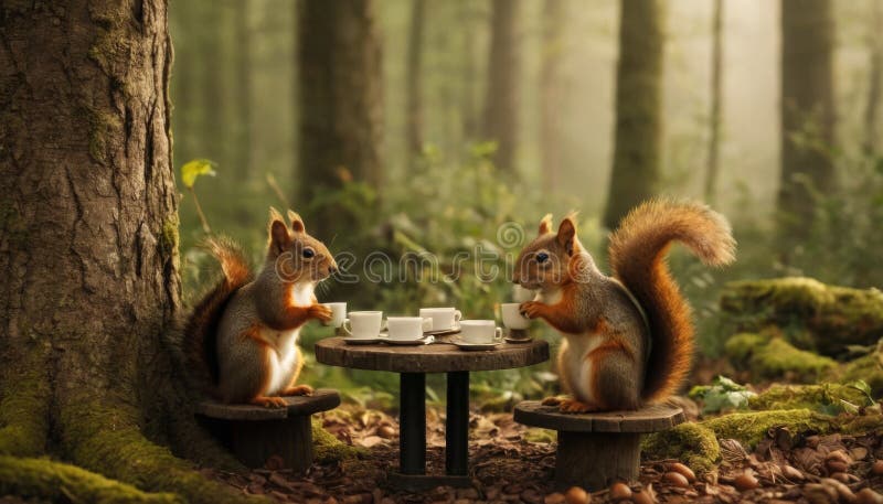 Squirrels Coffee Time stock photo. Image of cups, creative - 312455470
