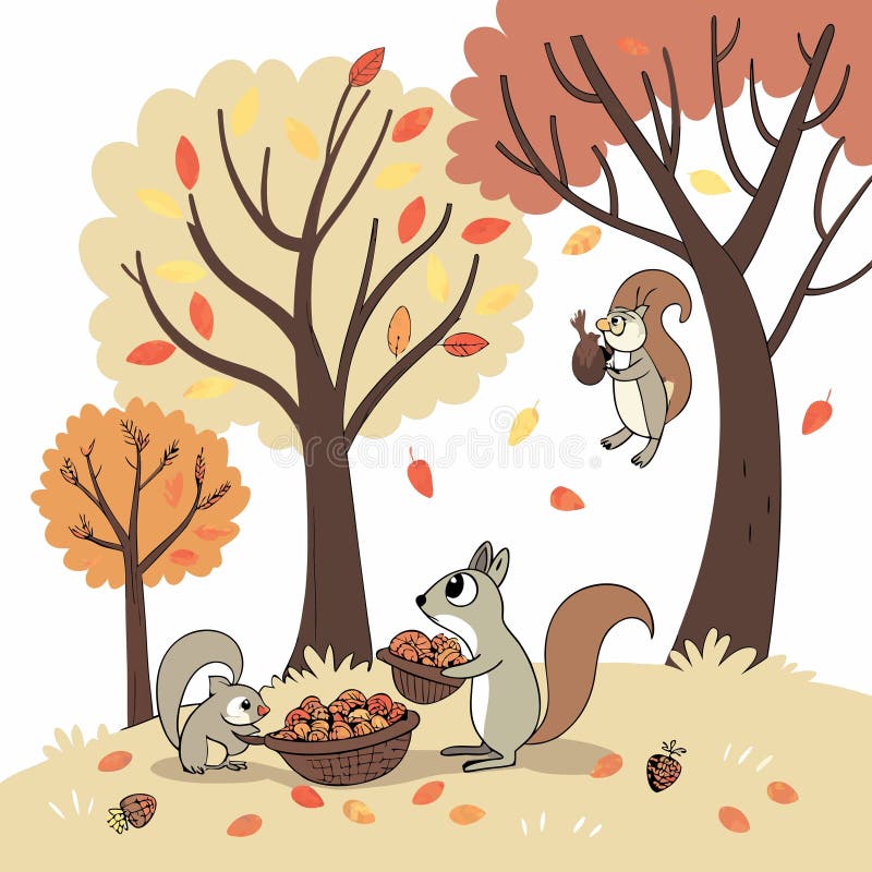 Squirrels Collecting Nuts Under Trees Vector Background Stock Vector ...