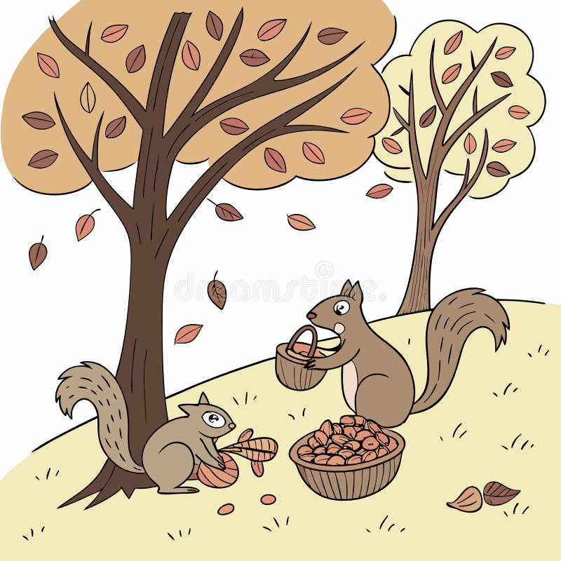 Squirrels Collecting Nuts Under Trees Vector Background Stock Vector ...