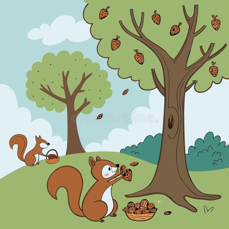Squirrels Collecting Nuts Under Trees Vector Background Stock Vector ...