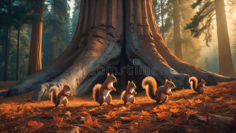 Five Red Squirrels Gathering at the Giant Sequoia Tree Base in Autumn ...