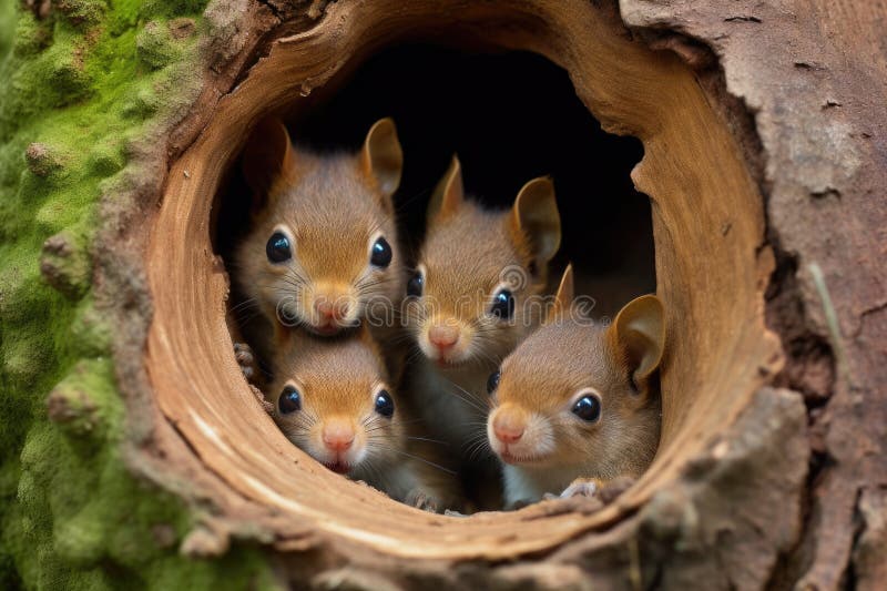 Squirrels Nestled Together in a Tree Hole Filled with Acorns Stock ...