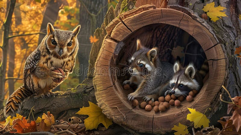 Squirrels Owl and Raccoon Stocking Hazelnuts in a Big Hollow Tree Trunk ...