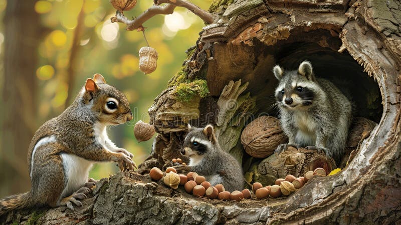 Squirrels Owl and Raccoon Stocking Hazelnuts in a Big Hollow Tree Trunk ...