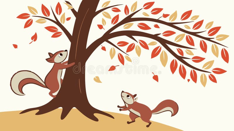 Squirrels Playing Under Autumn Tree Falling Leaves, Vector Design ...