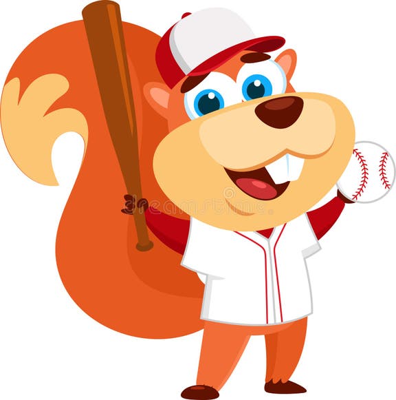 Cute Squirrel Cartoon Character Swinging a Baseball Bat and Ball Stock ...