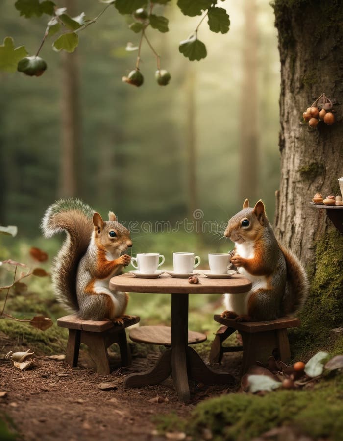 Squirrels Sharing a Tiny Tea Time Stock Photo - Image of nature, cups ...