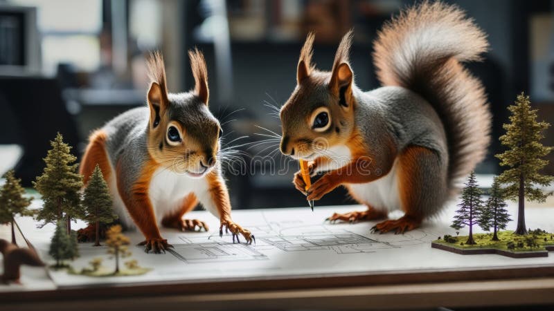 Squirrels Working on Architectural Plans for Miniature Forest Stock ...