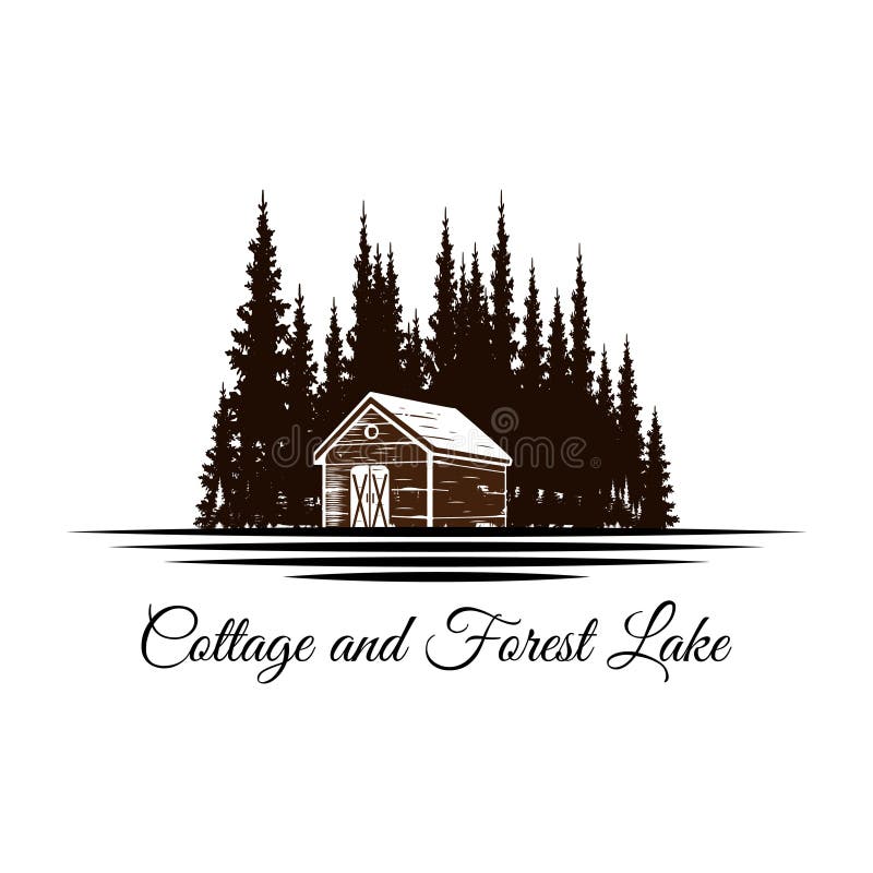 Cottage and Pine Forest with Lake / River Logo - Illustration Vector ...