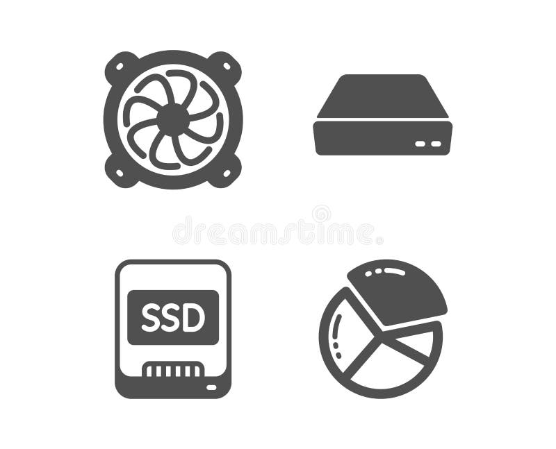 Ssd, Mini Pc and Computer Fan Icons. Pie Chart Sign. Memory Disk ...