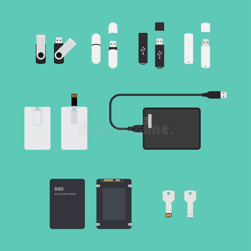 SSD and USB Storage Devices Set on Blue Background Stock Vector ...