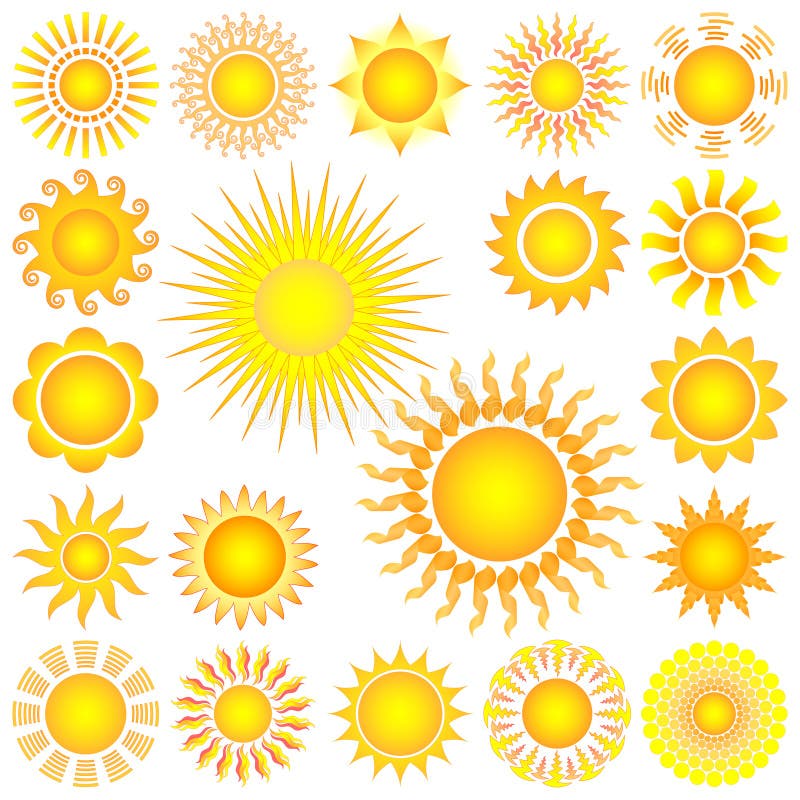 Uppsättning Av Olika Enkla Gula Orange Solsymboler På Vita Spetsiga Och ...